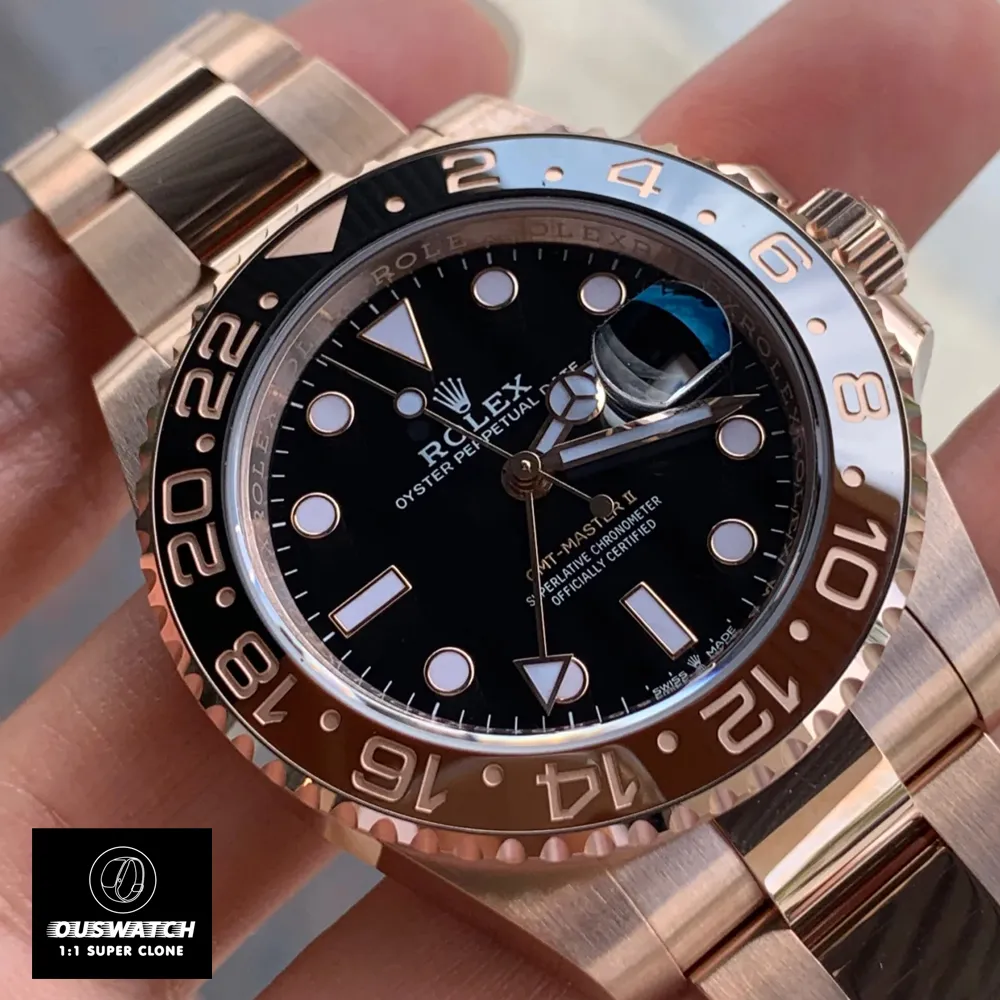 Super Clone Rolex Gmt Rose Gold Black Dial 126715chnr Watch - OusWatch